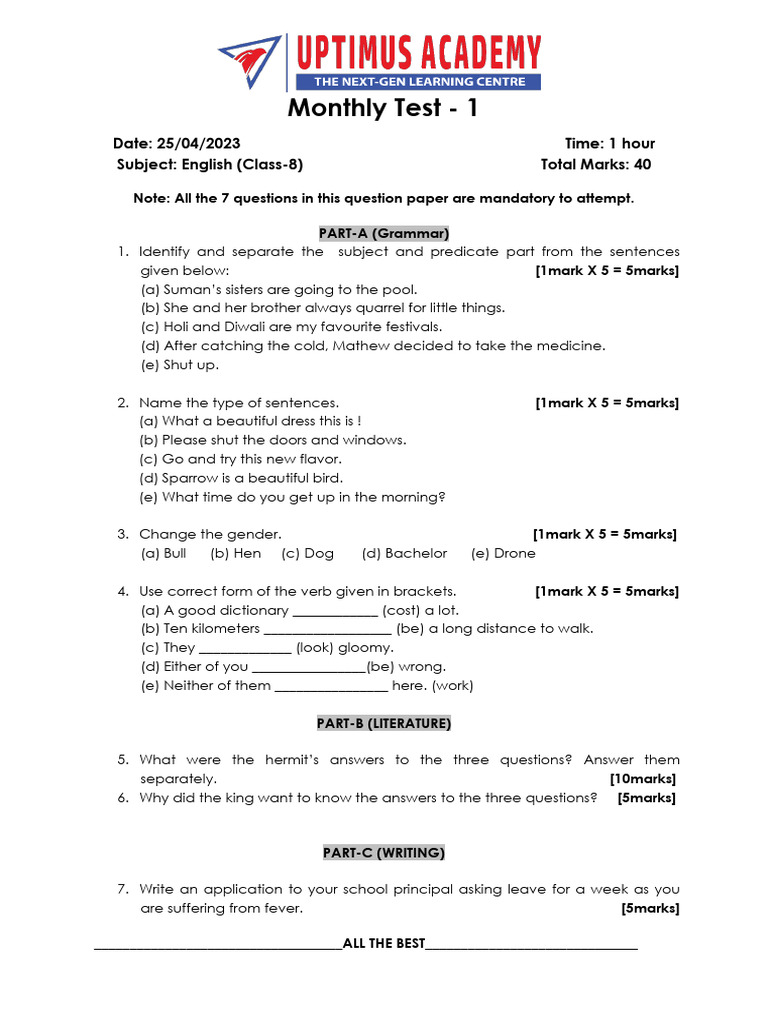 English Class 8 Monthly Test-1 | PDF