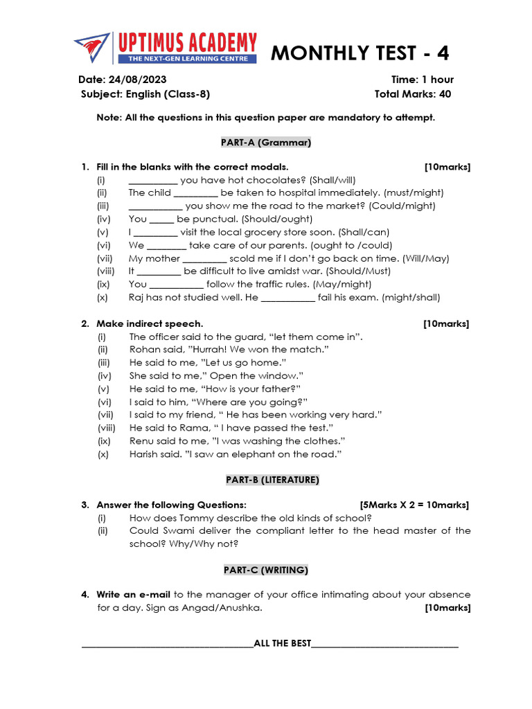 English Class 8 Monthly Test-4 | PDF | Language Arts & Discipline