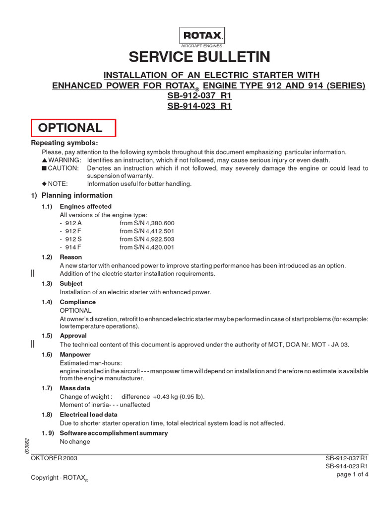 SB-912-037 R1 - SB-914-023 R1 - Installation of An Electric Starter ...