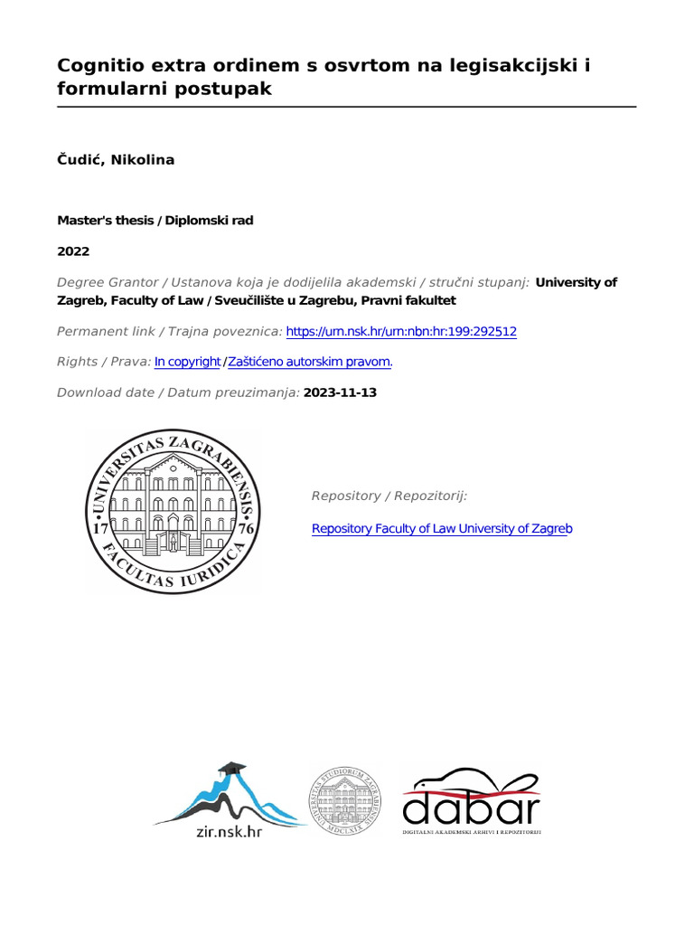 Cognitio Extra Ordinem S Osvrtom Na Legisakcijski I Formularni Postupak ...