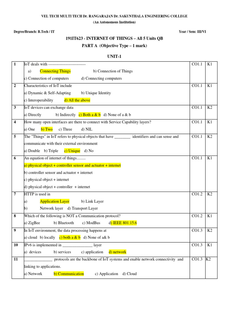 (With Ans) IoT - MCQ Full Unit | PDF | Internet Of Things | Computer Network