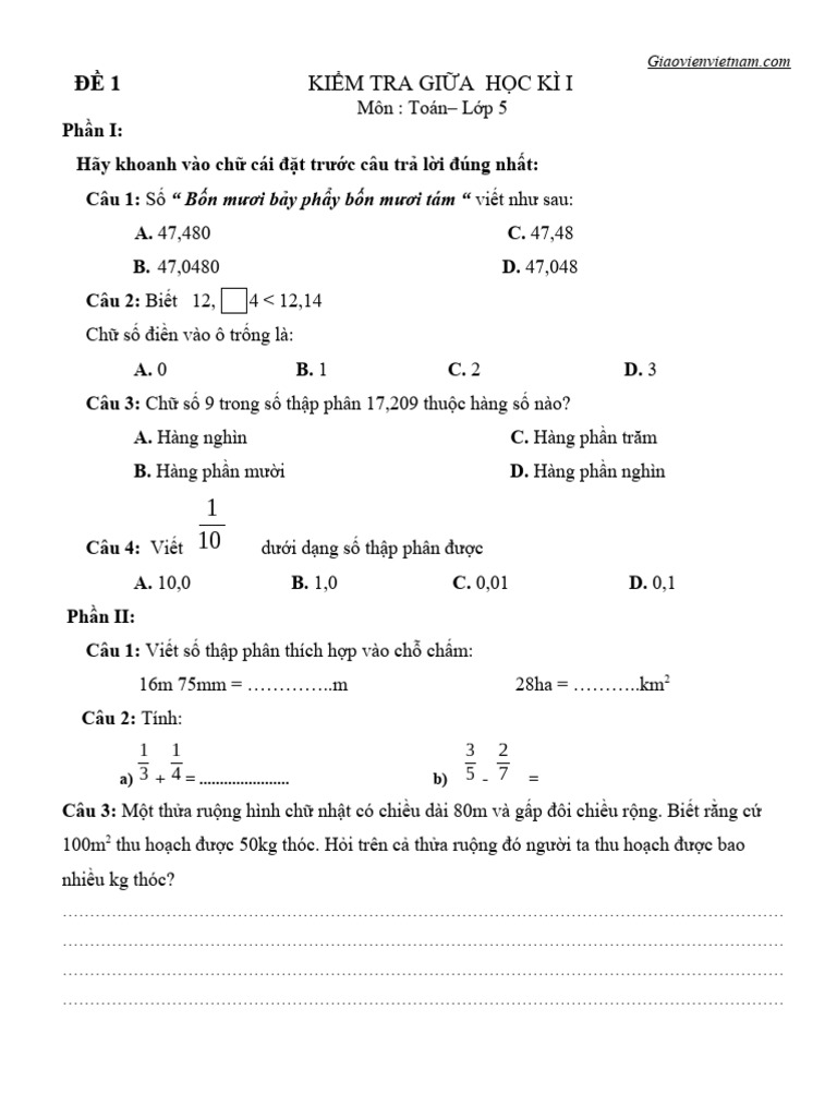 De Kiem Tra Giua Ki Toan Lop 5 | PDF
