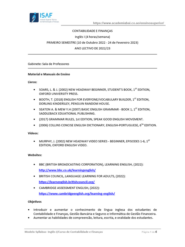 English Isyllabus Isaf 2023 - 24 | PDF | Contabilidade