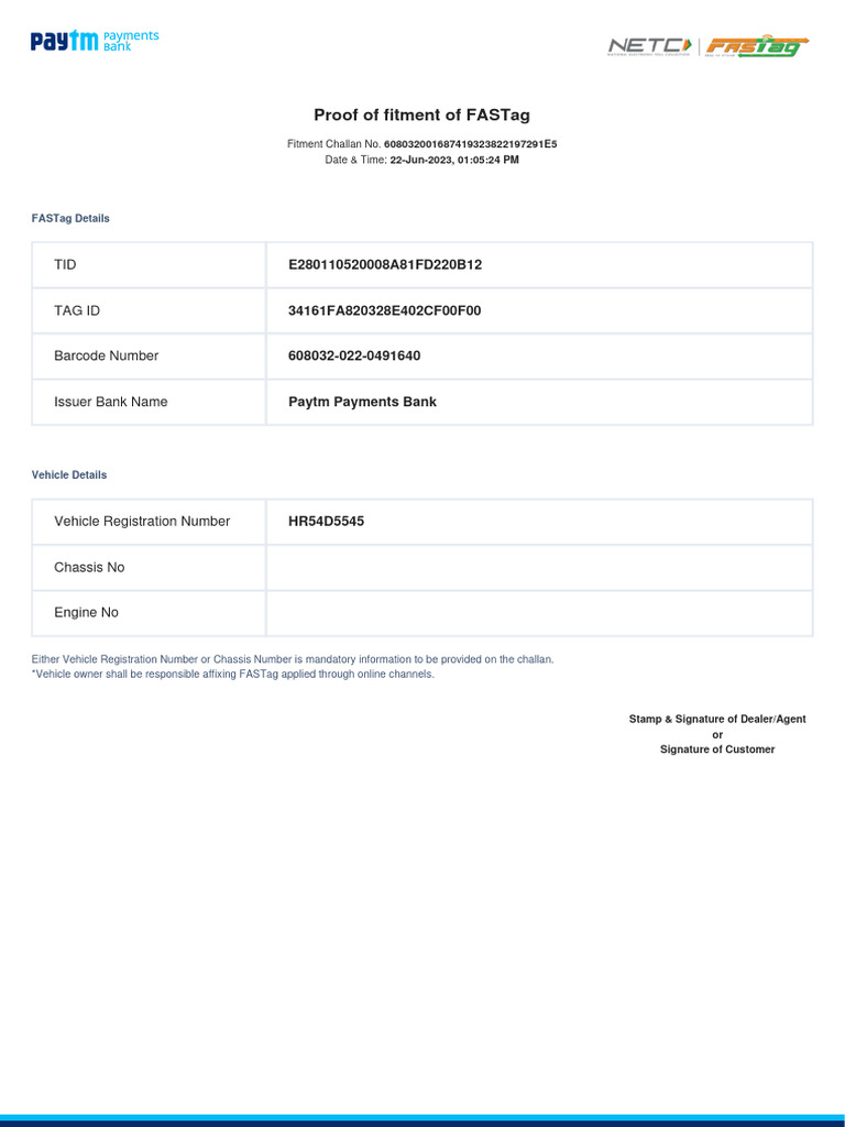 FASTag Fitment Certificate Details | PDF