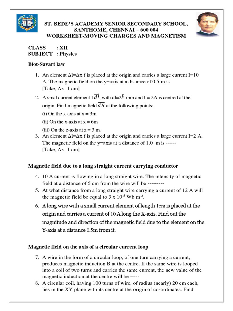 Class Xii-Physics Worksheet-28.07.23 | PDF | Magnetic Field | Physical ...