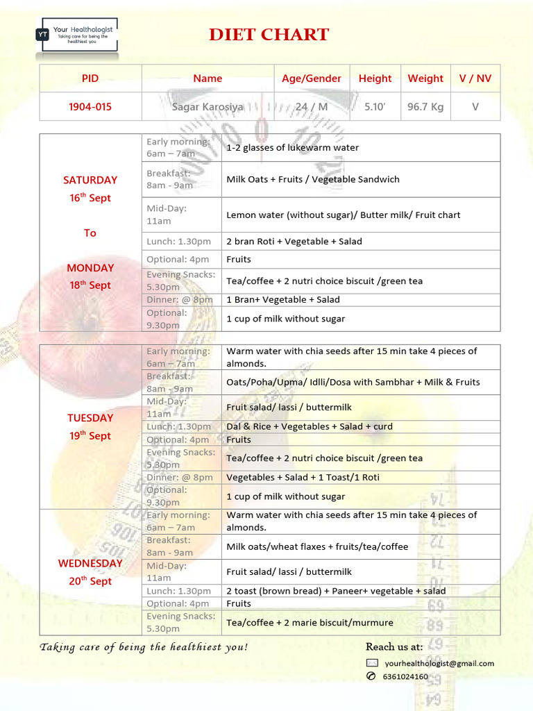 01-Sagar - Diet Plan - 16 Sept To 22 Sept | PDF | Lunch | Food And Drink