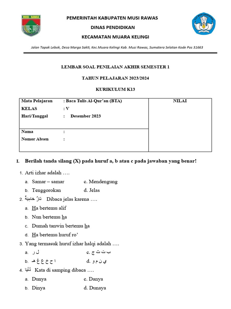 Soal Ujian Bta Kelas 5 | PDF