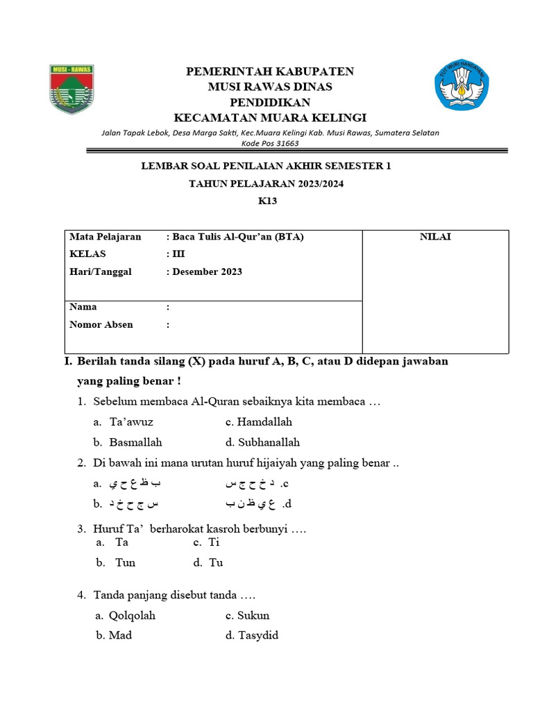Soal Ujian Bta Kelas 3 | PDF