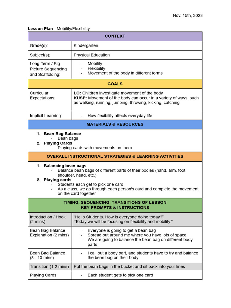 Kindergarten Mobility and Flexibility Lesson | PDF | Lesson Plan ...