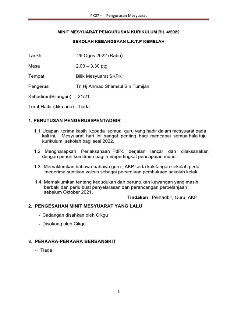 Minit Mesyuarat Pengurusan Kurikulum Bil 4-2021 FKFR | PDF