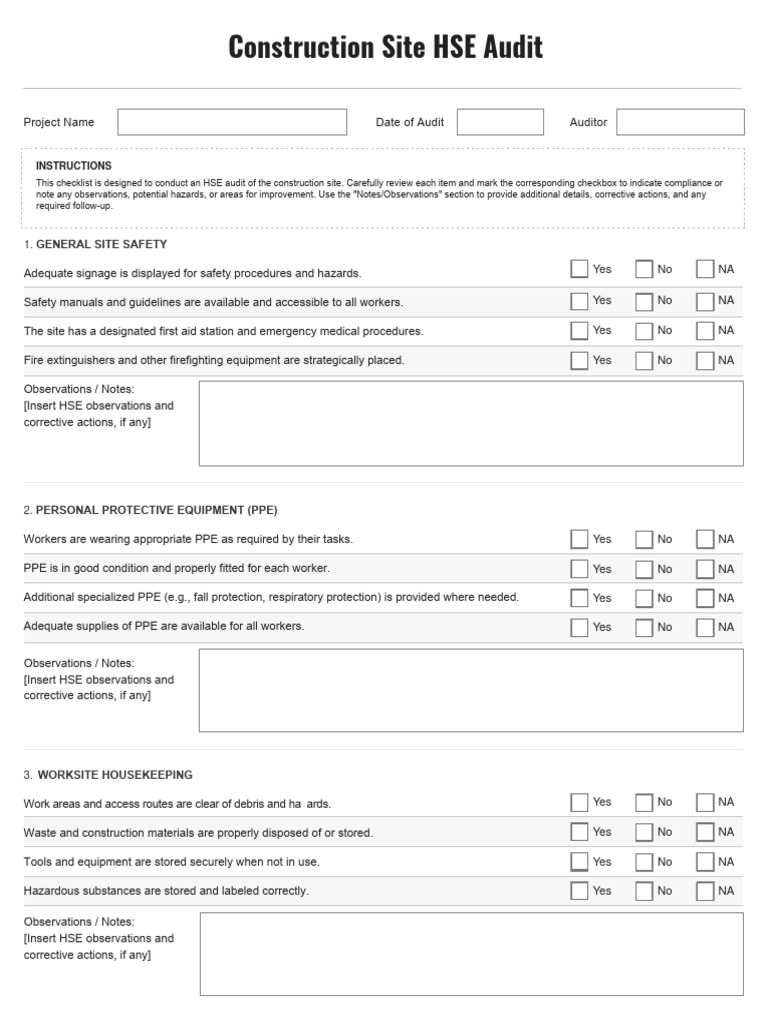 Construction HSE Audit Checklist | PDF | Personal Protective Equipment ...