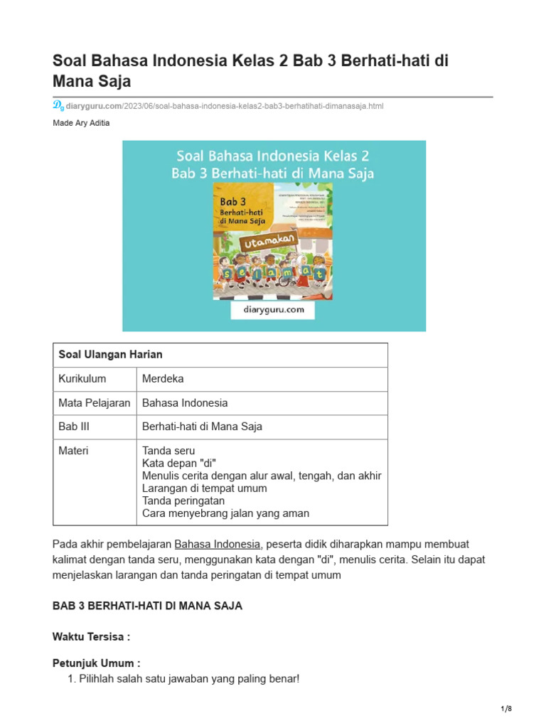 Soal Bahasa Indonesia Kelas 2 Bab 3 Berhati-Hati Di Mana Saja | PDF