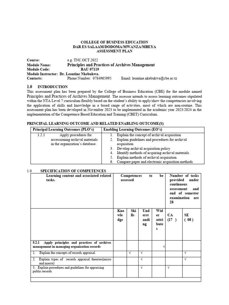 ASSESSMENT PLAN 2 Principles and Practices of Archives Management | PDF ...