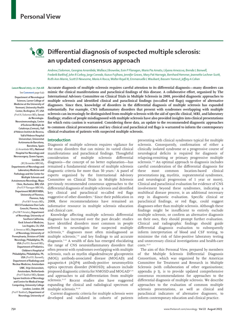 Differential Diagnosis of Suspected Multiple Sclerosis - An Updated Consensus Approach | PDF ...