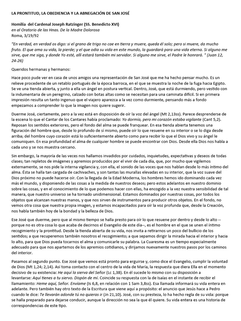 LA PRONTITUD Y OBEDIENCIA DE S. JOSE (Benedicto XVI) | PDF | Jesús ...