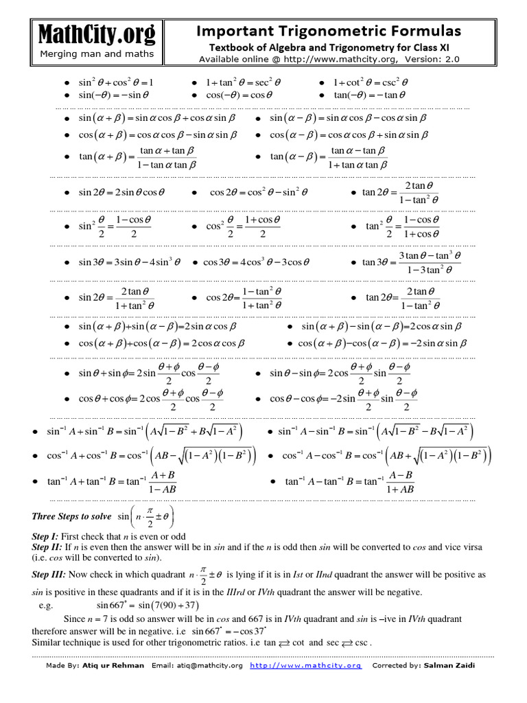 FSC Math All Trignometry Formulas For Chapter 12 | PDF | Trigonometry ...