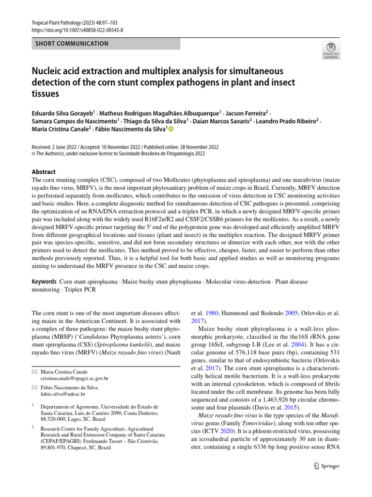 Nucleic Acid Extraction and Multiplex Analysis For Simultaneous Detection of The Corn Stunt ...