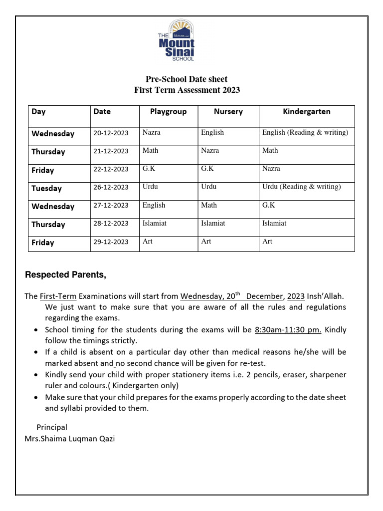 Preschool Datesheet First Term 2023 1 Pdf