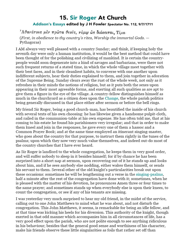 Sir Roger at Church - by Joseph Addison (1711) | PDF