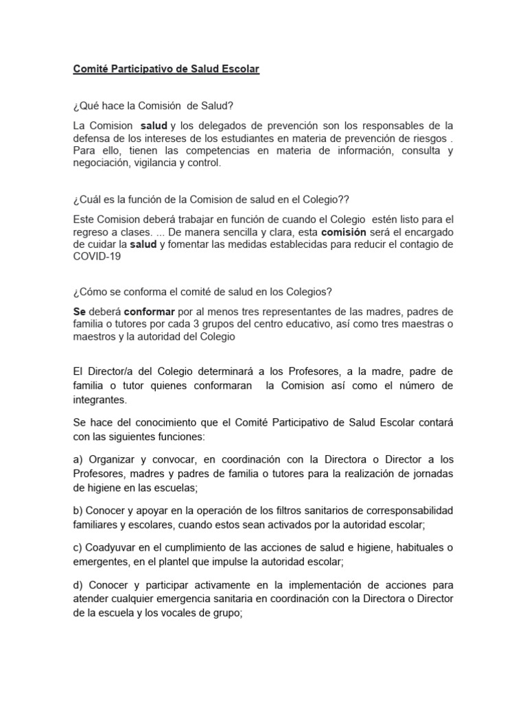 Comité Participativo de Salud Escolar 2025-2026 | PDF