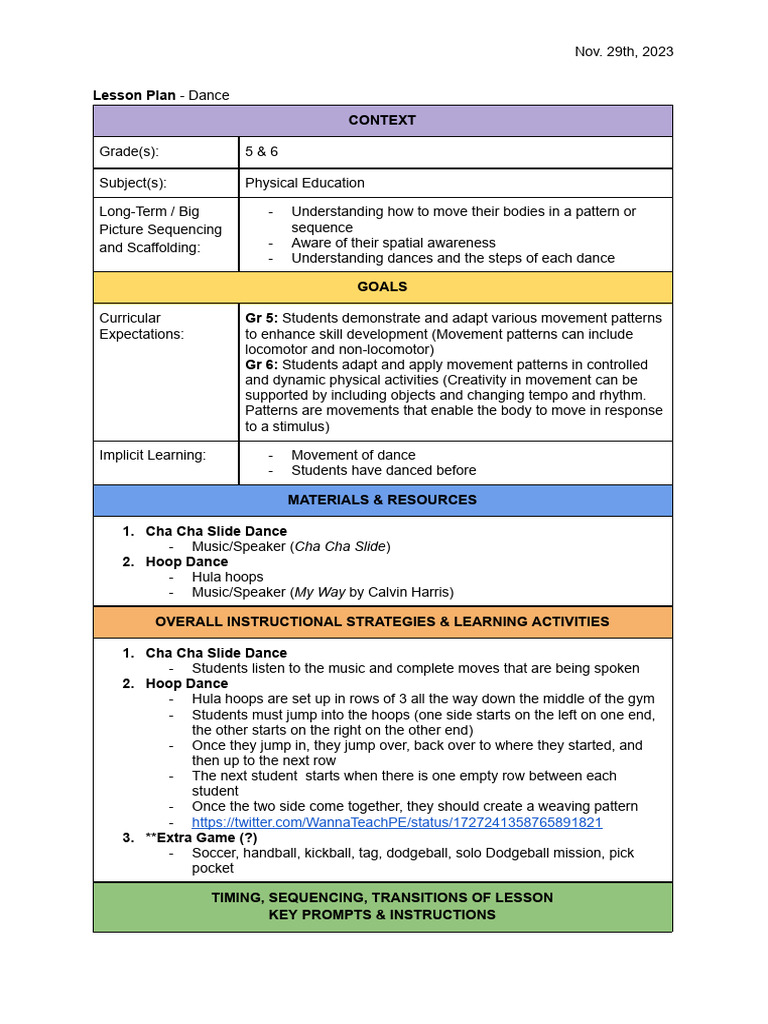 Grade 5 6 Dance Lesson Plan | PDF | Lesson Plan | Neuroscience