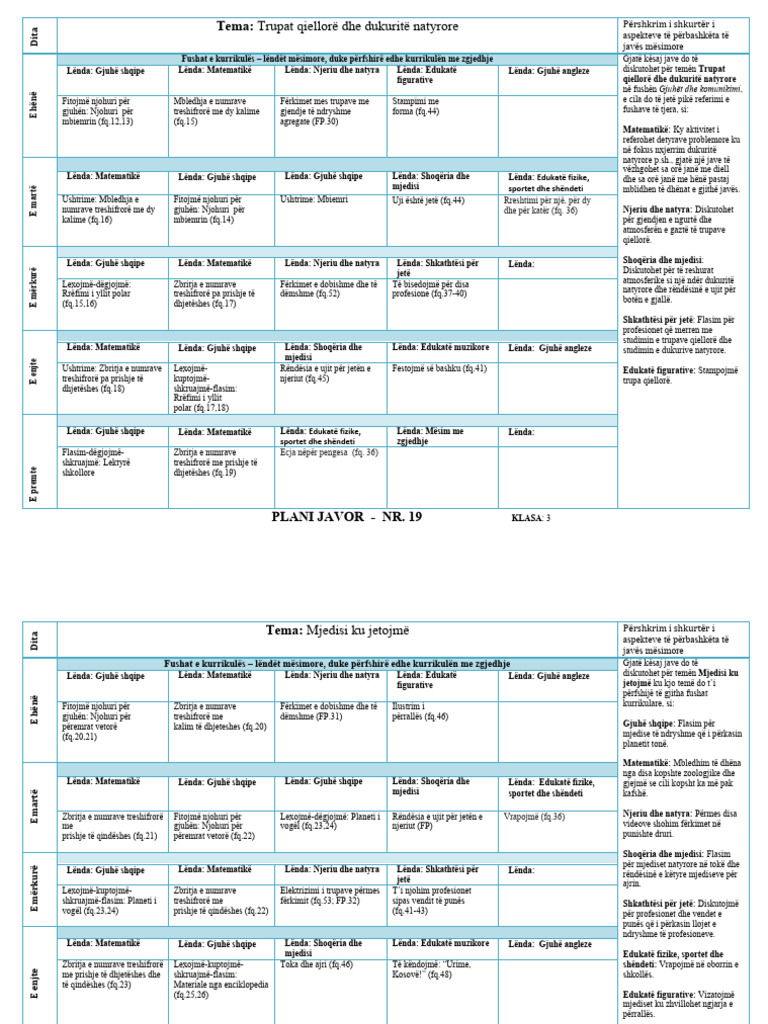 Plani Javor Janar Qershor Kl.3 | PDF