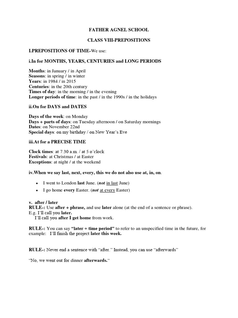 Prepositions Handout | PDF | Preposition And Postposition | Linguistics