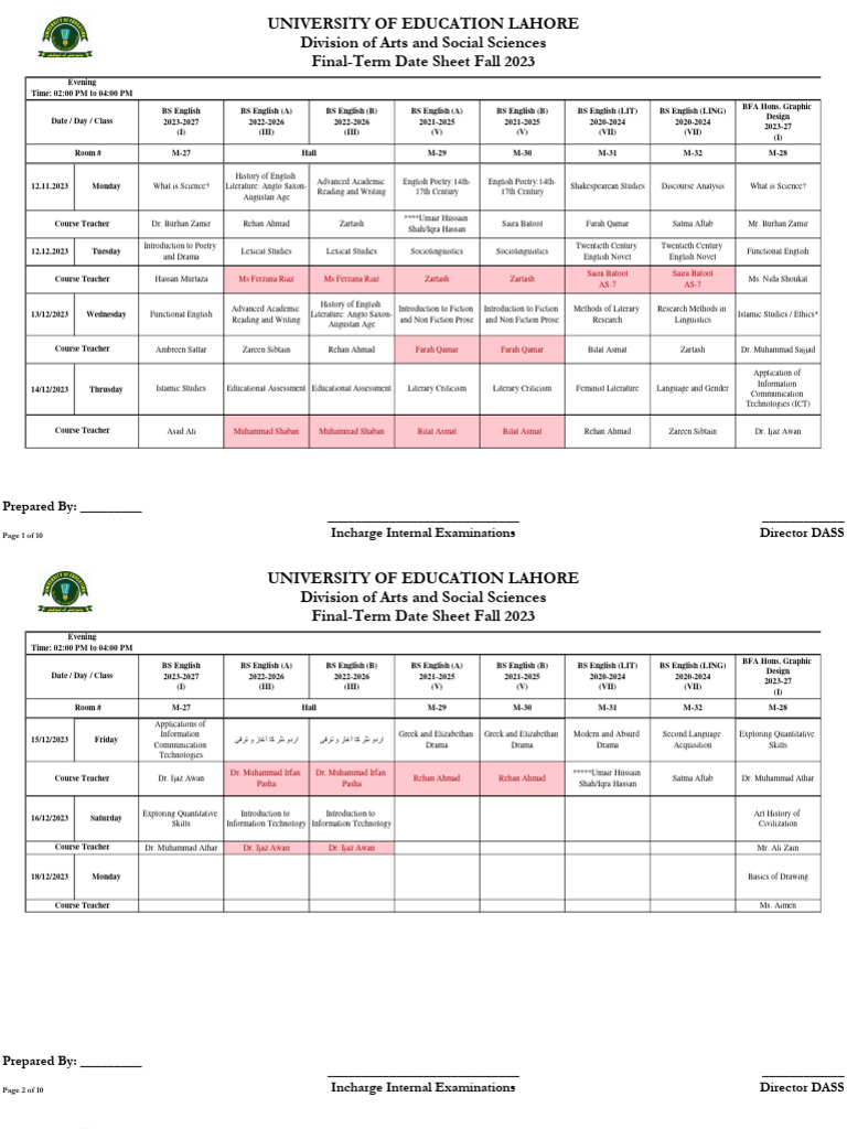 Fall 2023 Final Exam Schedule - UE Lahore | PDF | Pakistan