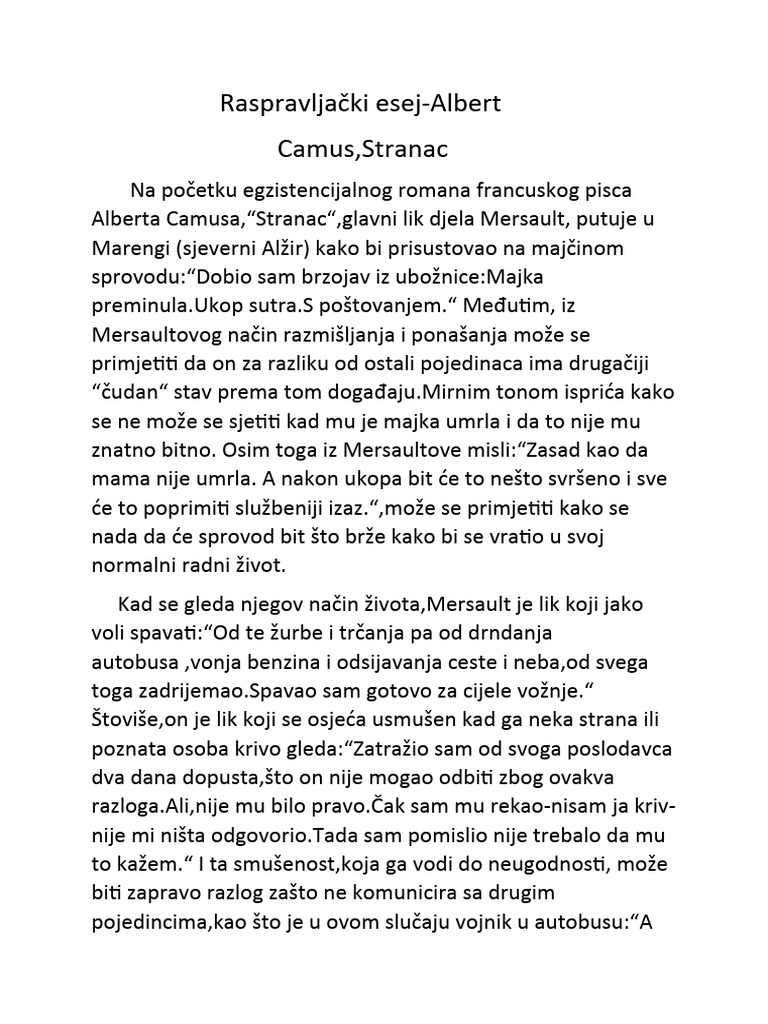Raspravljački Esej-Albert Camus, Stranac | PDF
