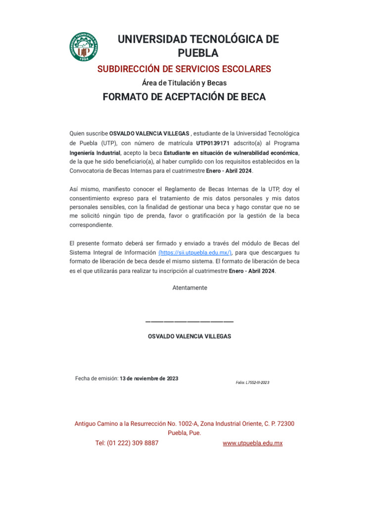 FORMATO DE ACEPTACIÓN DE BECA GENERAL | PDF