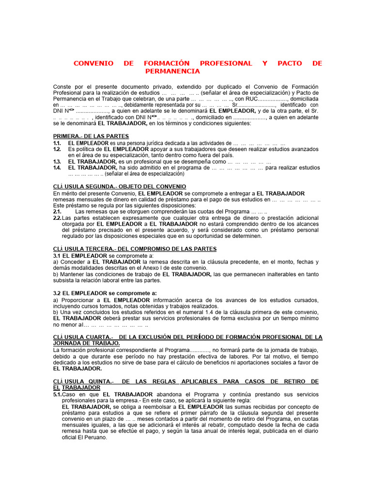 Coonvenio de Formacion y Pacto de Permanencia | PDF | Interés | Daños y ...