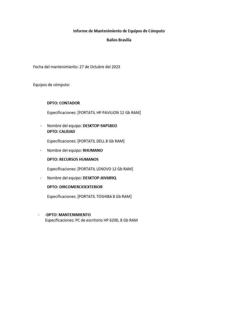 Informe de Mantenimiento de Equipos de Cómputo 27octubre2023 | PDF ...