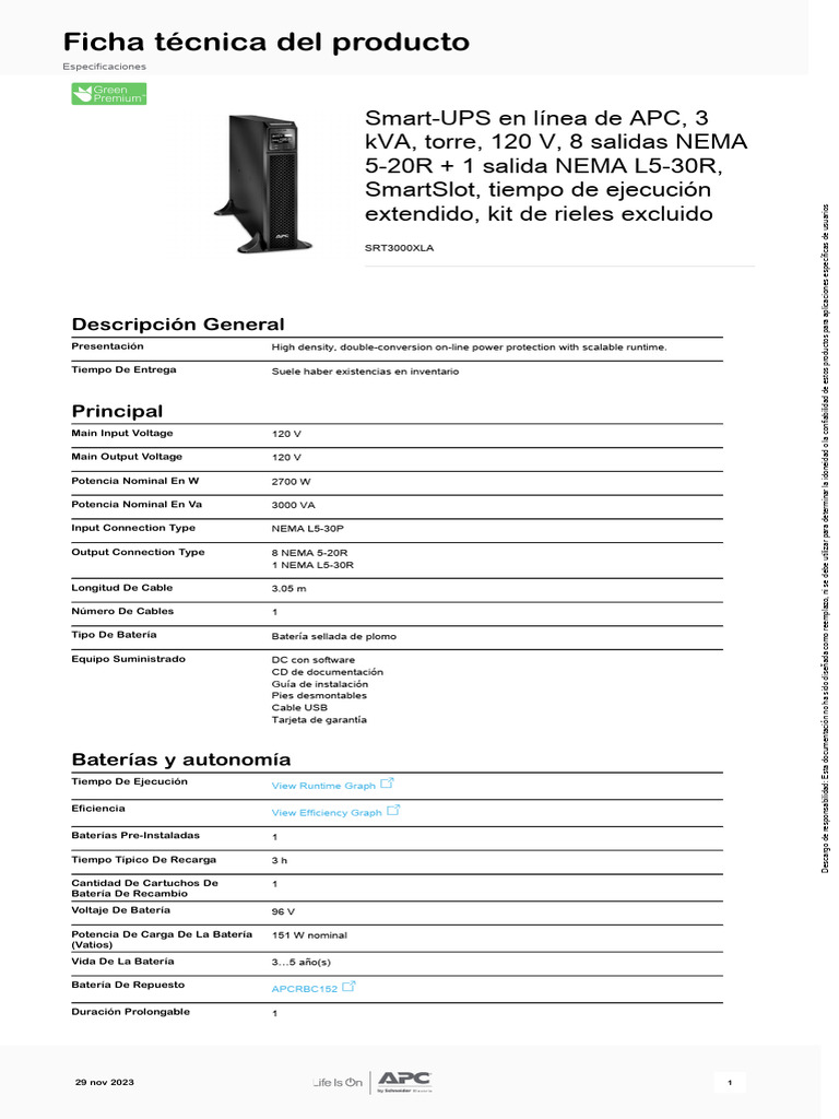 APC - No Break SmartUPS en Línea - SRT3000XLA | PDF | Naturaleza ...