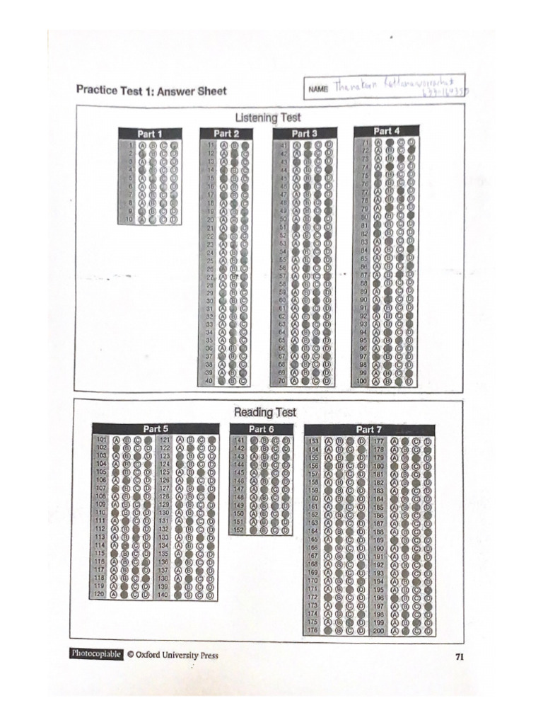 Practice Test 1 Answer Sheet | PDF