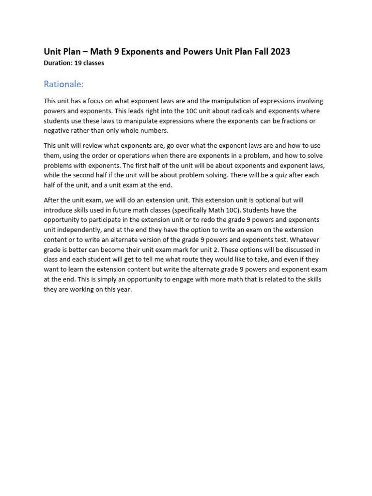 Math 9 Exponents Powers Unit Plan | PDF | Exponentiation | Multiplication