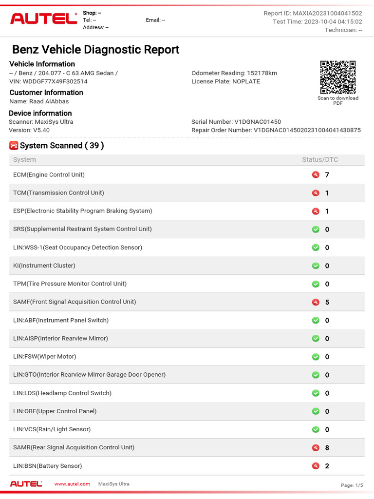 Benz Vehicle Diagnostic Report - WDDGF77X49F302514 - 2023104041502 ...