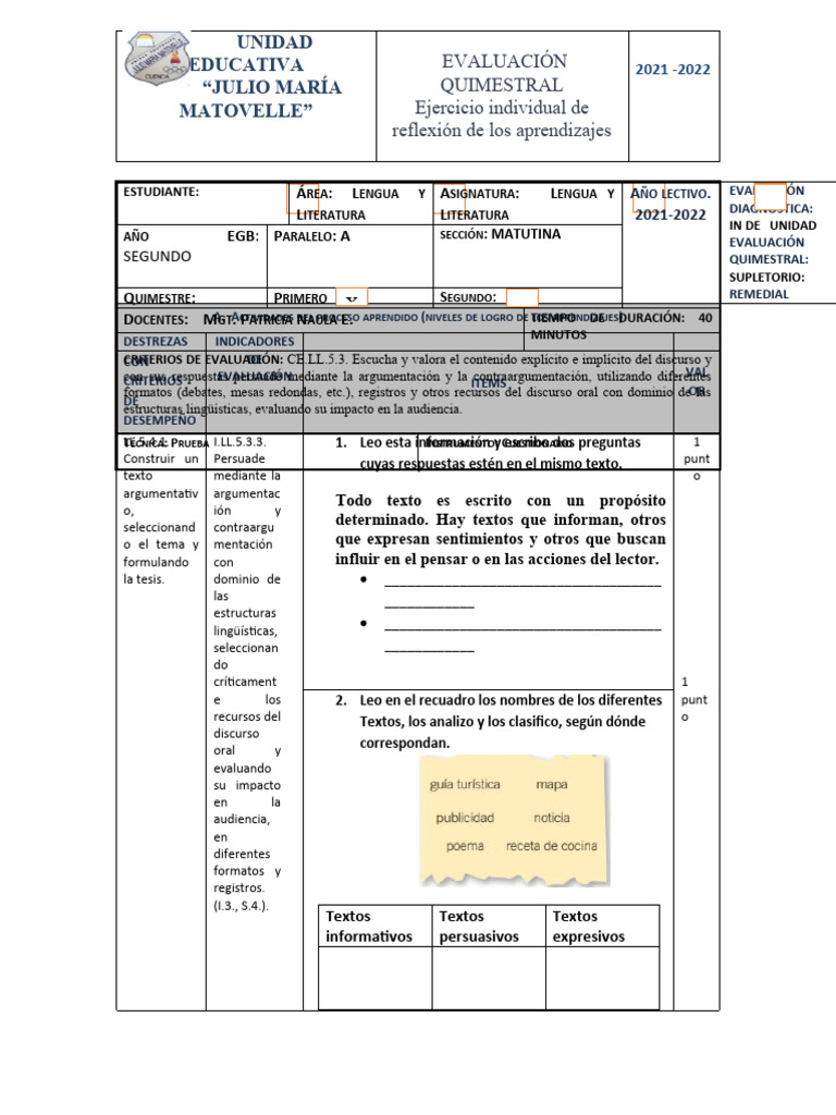 2BGU LyL EVALUACIÓN K.C. | PDF | Evaluación | Hablar en público
