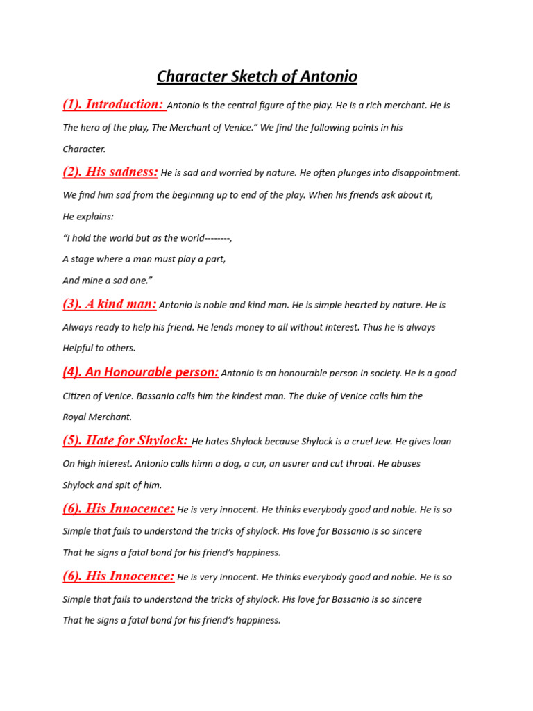 Character Sketch of Antonio | PDF