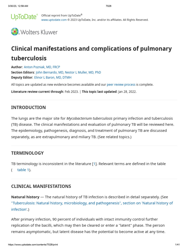 Up To Date. Tuberculosis Clinical Manifestations and Complications | PDF | Tuberculosis | Lung