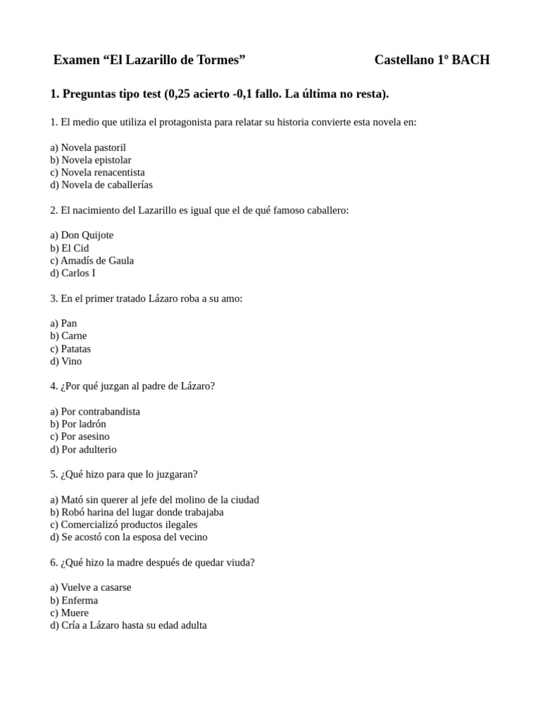 El Lazarillo de Tormes Examen 1b | PDF