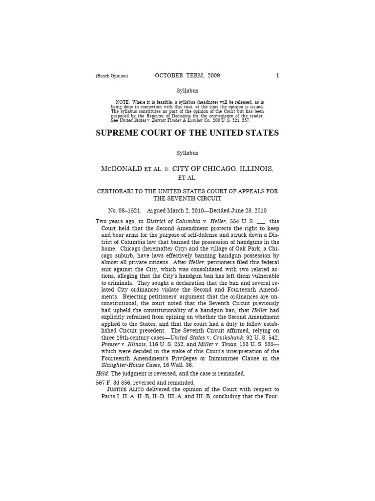 McDonald v. Chicago: Second Amendment Case | PDF | Incorporation Of The ...