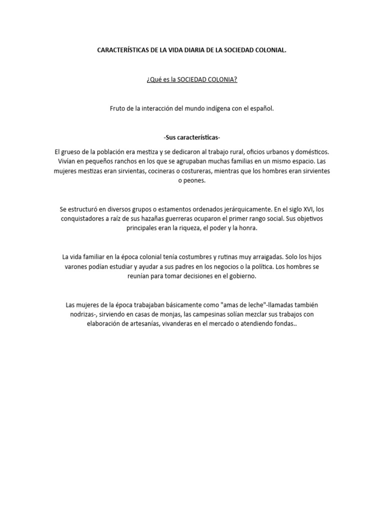 Características de La Vida Diaria de La Sociedad Colonial | PDF ...