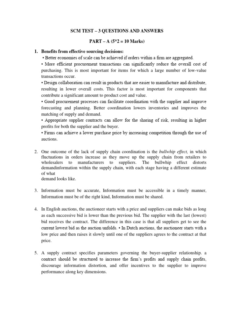SCM Test 3 Q&A | PDF | Supply Chain | Procurement
