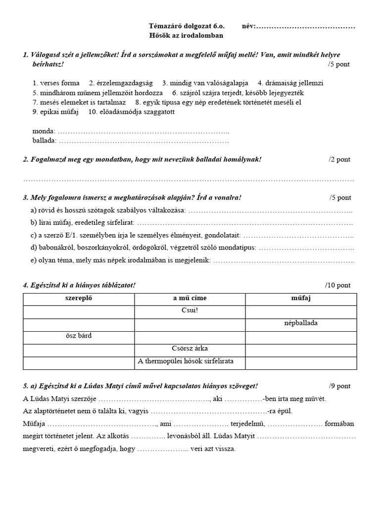 Témazáró dolgozat 6_Hősök az irodalomban | PDF