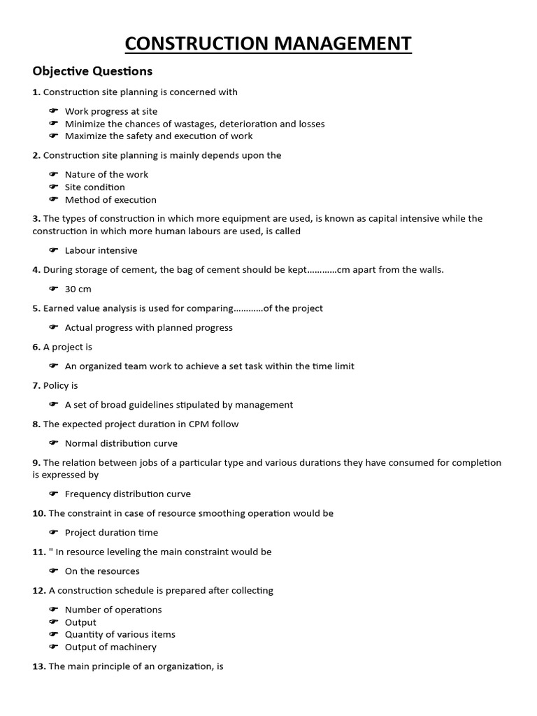 Construction Management Objective Questions | PDF | Procurement | Business