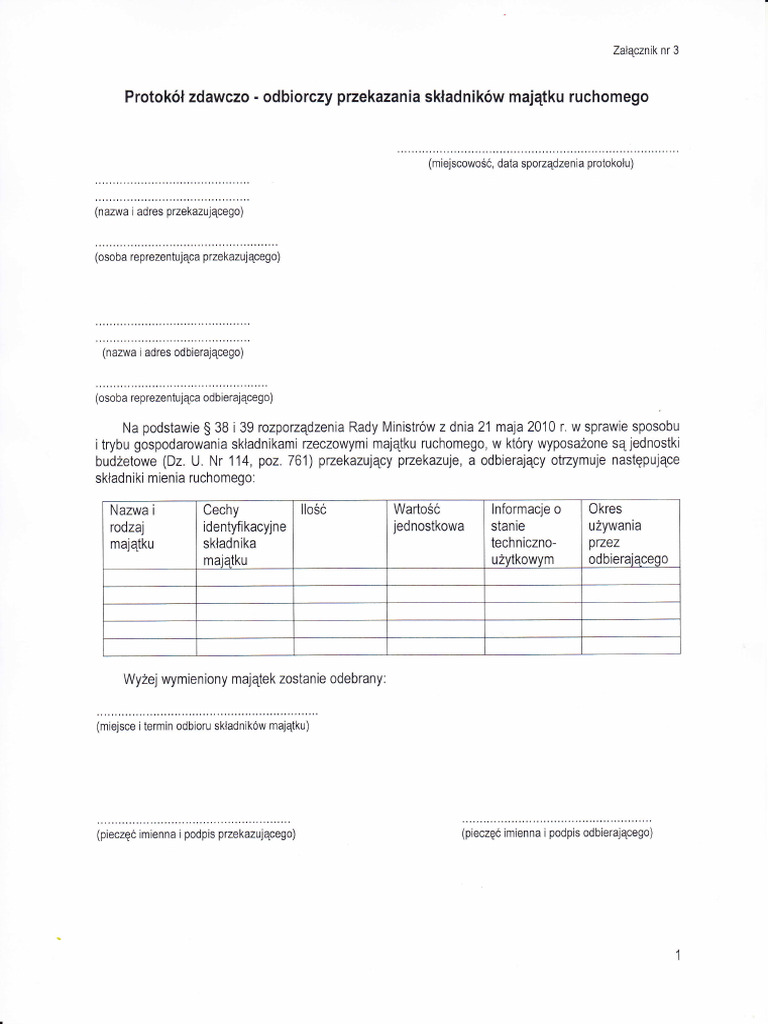 Protokół Zdawczo Odbiorczy Przekazania Składników Majątku Ruchomego | PDF