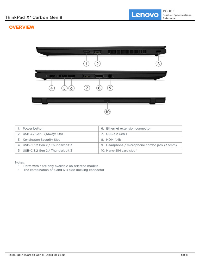 ThinkPad X1 Carbon Gen 8 Spec | PDF | Usb | Computer Engineering