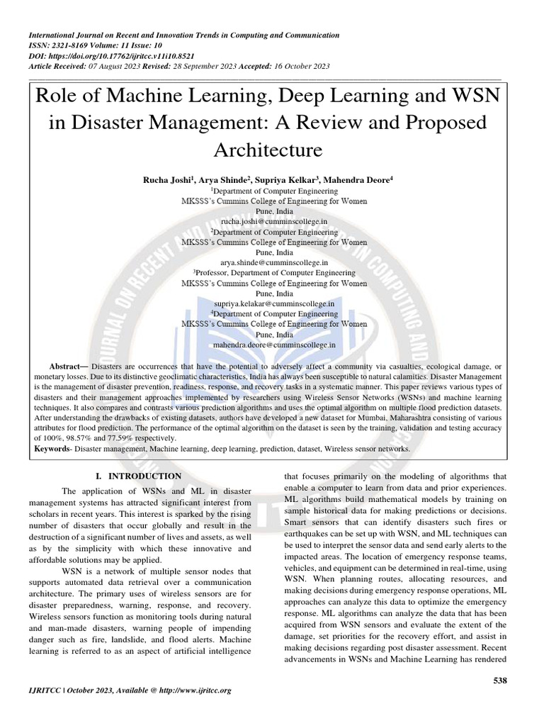 Role of Machine Learning, Deep Learning and WSN | PDF | Wireless Sensor Network | Machine Learning