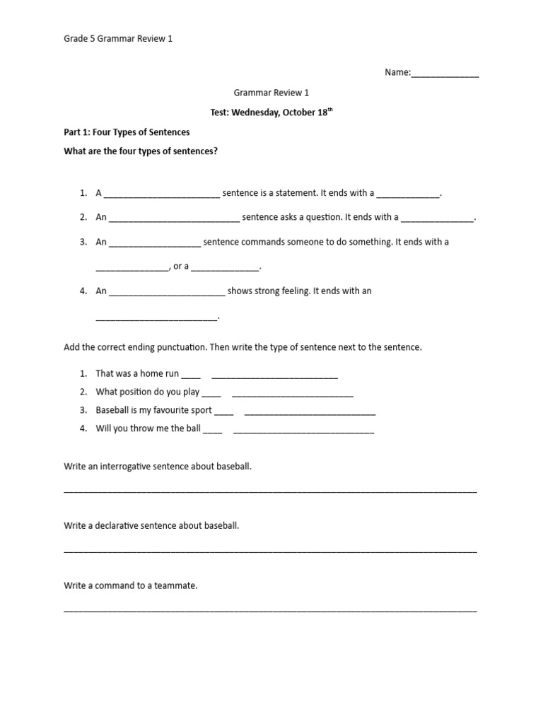 Grade 5 Grammar Review 1 | PDF | Sentence (Linguistics) | Subject (Grammar)