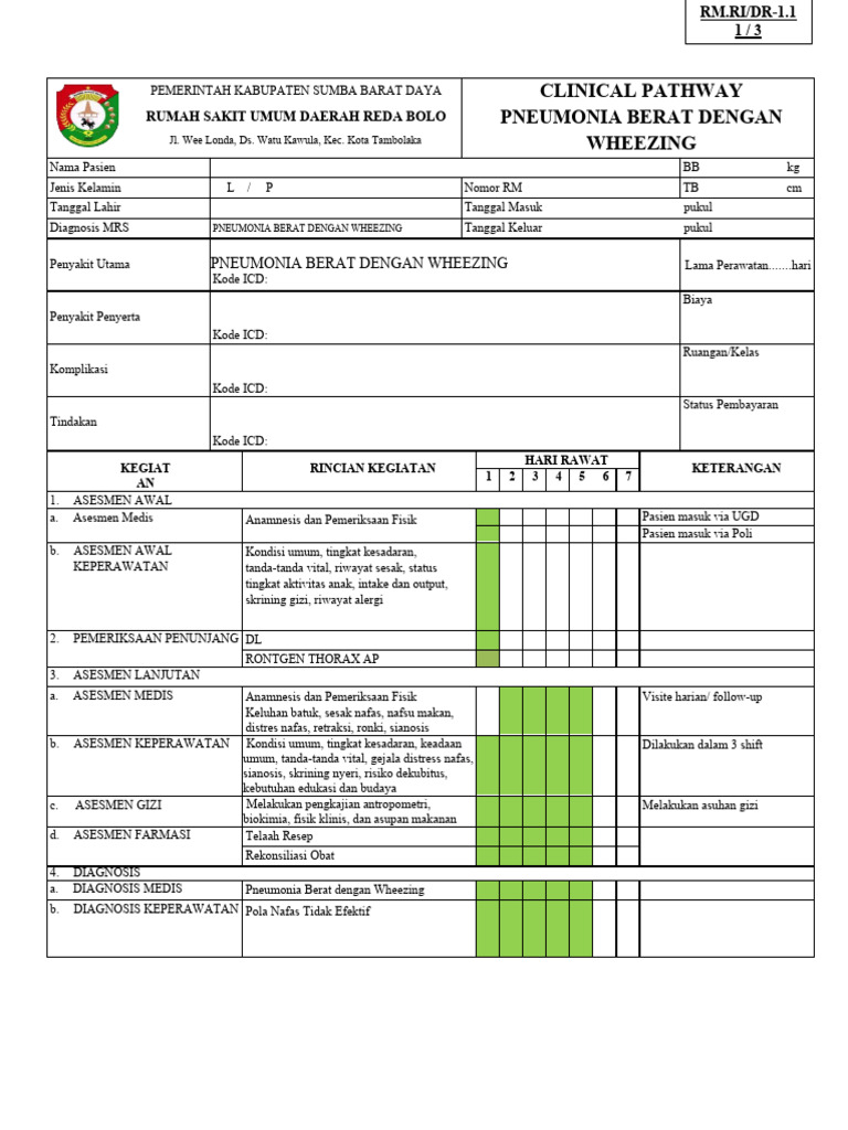 Form. Clinical Pathway Pneumonia Berat Dengan Wheezing | PDF